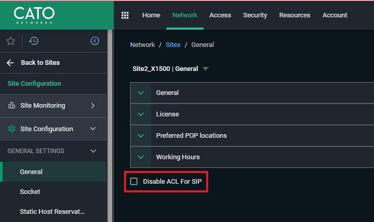 What is 'Disable ACL For SIP' in Site Configuration. | Cato Connect