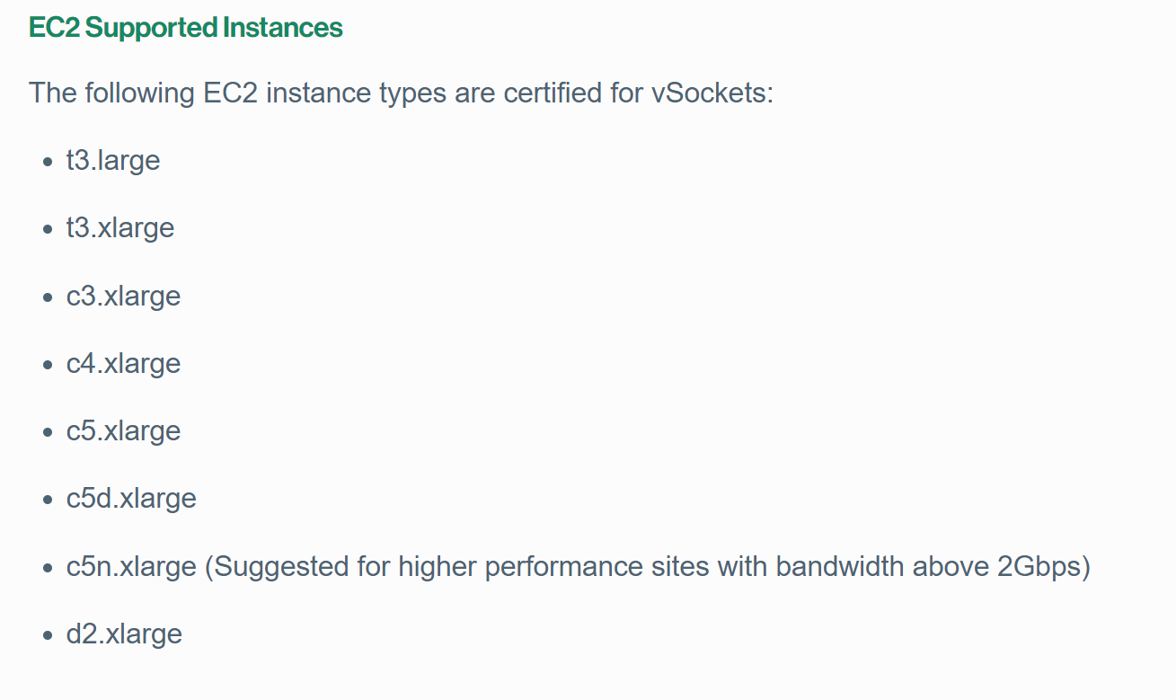 EC2 Instance size selection for use with vSocket. | Cato Connect